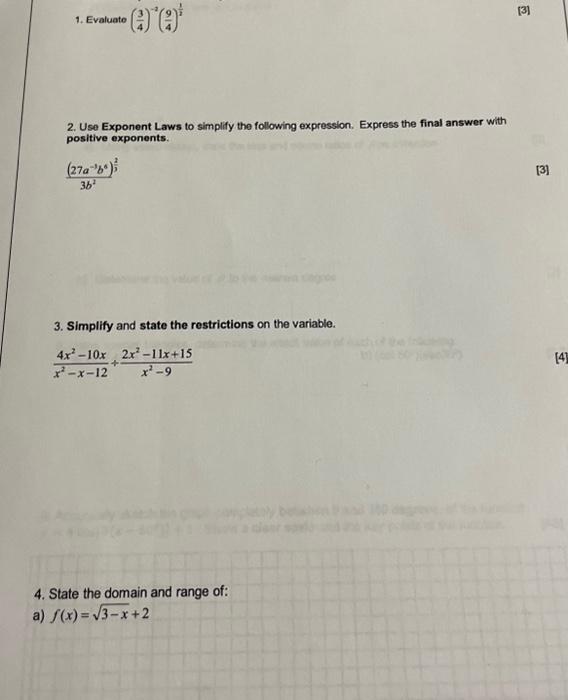 Solved 1. Evaluate (43)−2(49)21 [3] 2. Use Exponent Laws to | Chegg.com