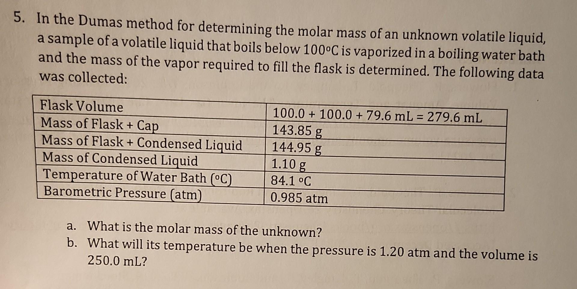 Solved 5. In the Dumas method for determining the molar mass | Chegg.com