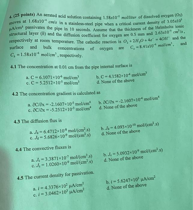 Solved 4. (25 points) An aerated acid solution containing | Chegg.com Solved 4. (25 points) An aerated acid solution containing | Chegg.com