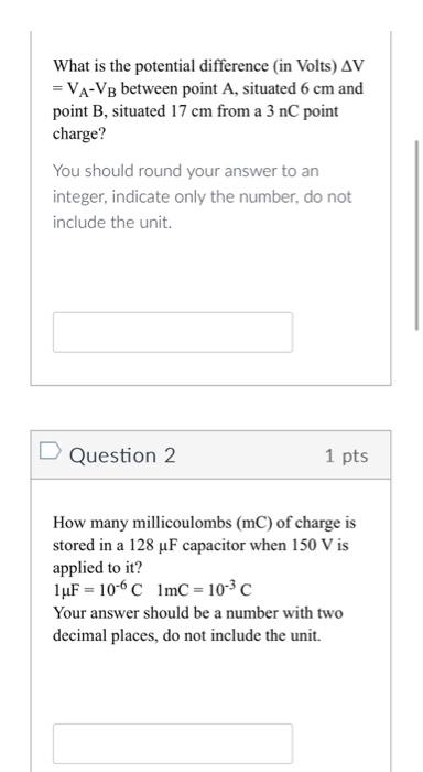 Solved What is the potential difference (in Volts) ΔV =VA−VB | Chegg.com