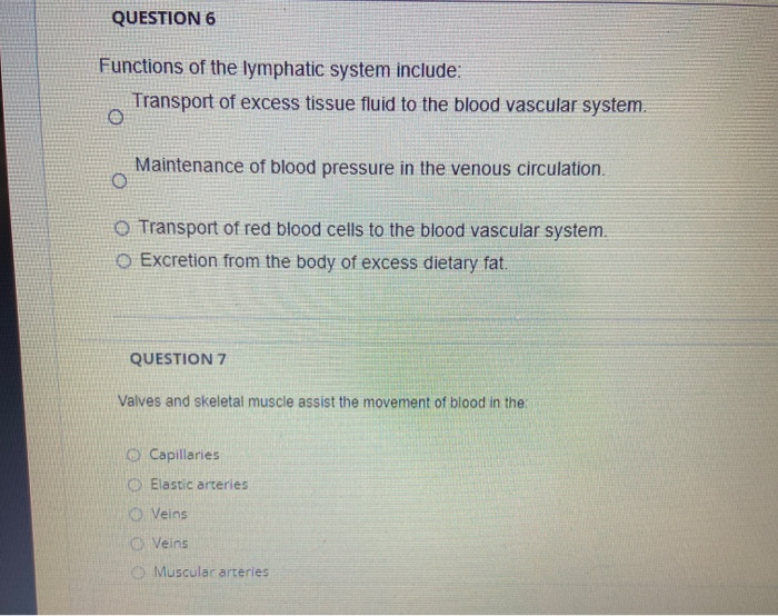 Solved QUESTION 6 Functions of the lymphatic system include: | Chegg.com
