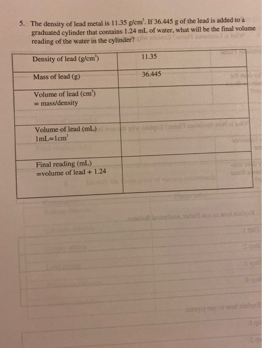 Solved 5. The density of lead metal is 11.35 g/cm'. If | Chegg.com