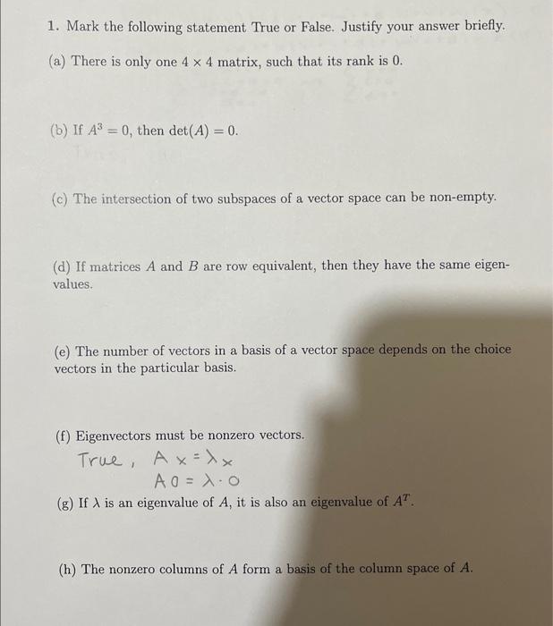 Solved 1. Mark the following statement True or False. | Chegg.com