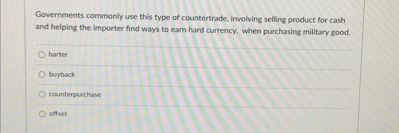 Solved Governments commonly use this type of countertrade, | Chegg.com