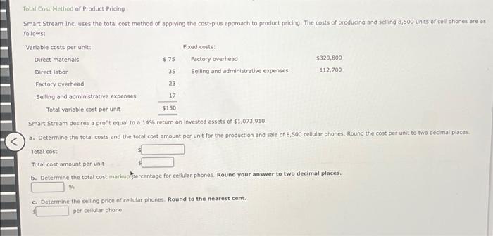 Solved Total Cost Method of Product Pricing Smart Stream | Chegg.com