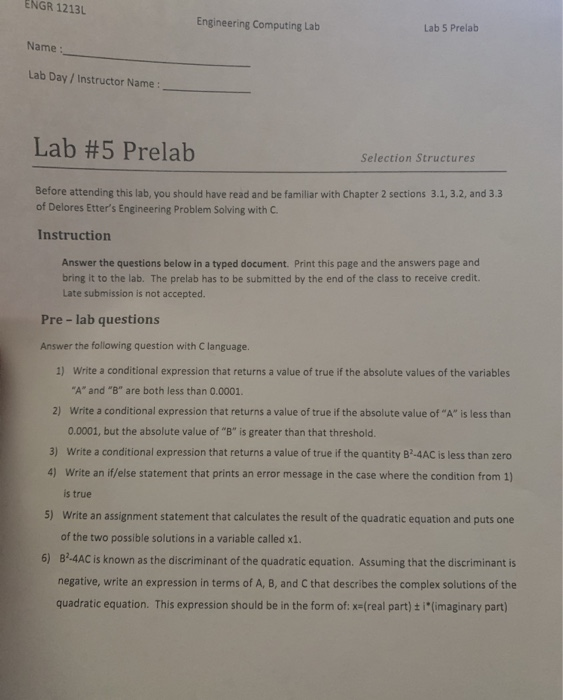 ENGR 1213 Engineering Computing Lab Lab 5 Prelab | Chegg.com