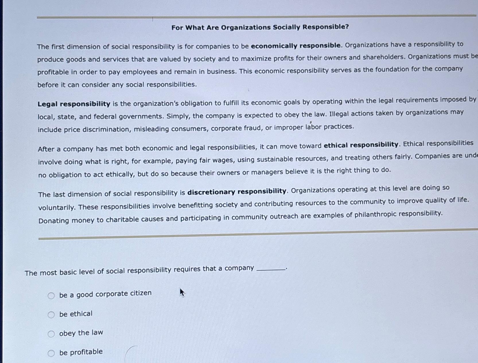 Solved For What Are Organizations Socially Responsible?The | Chegg.com