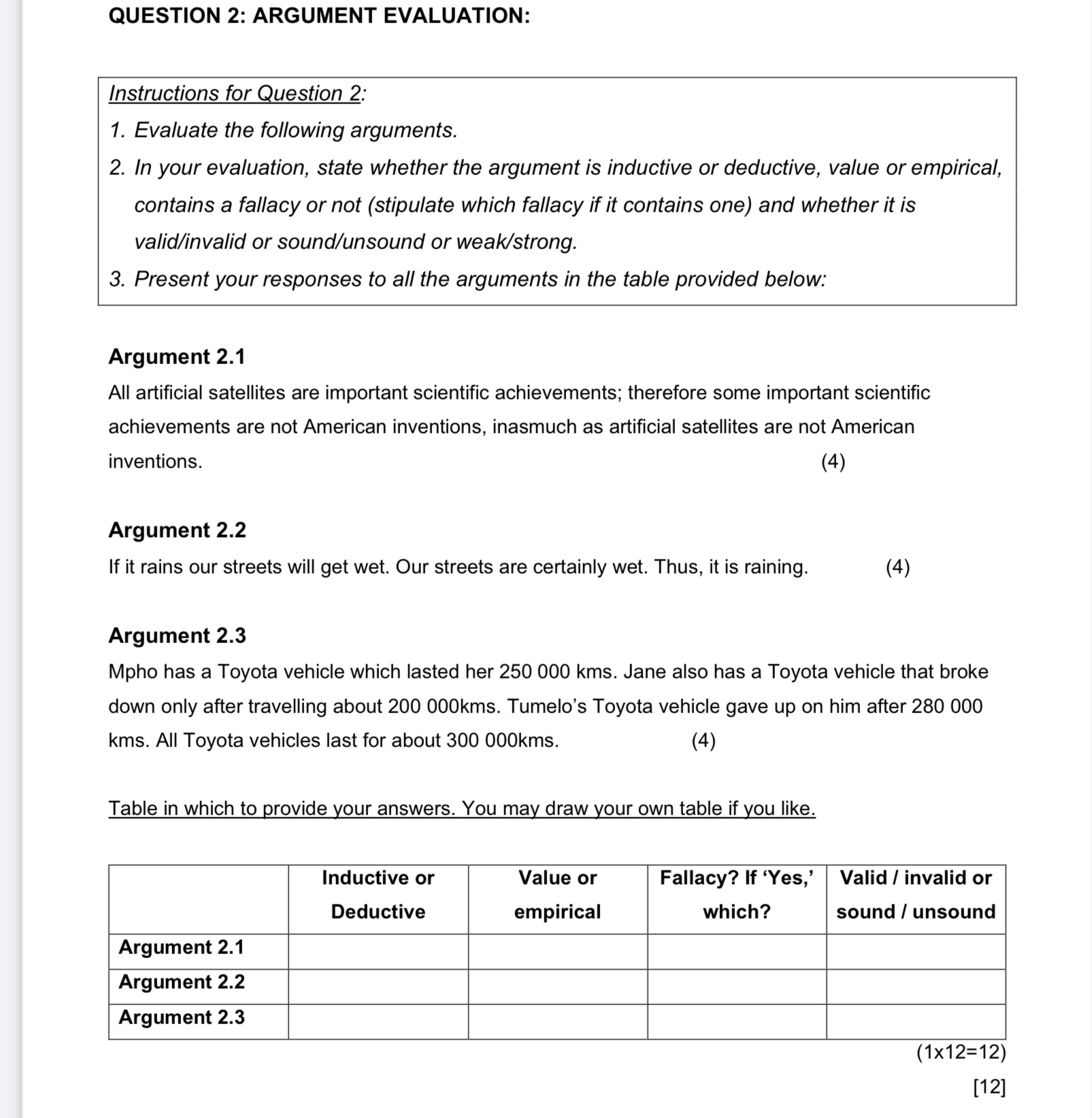 Solved QUESTION 2: ARGUMENT EVALUATION:Instructions for | Chegg.com