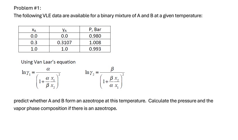 Solved Problem #1:The following VLE data are available for a | Chegg.com