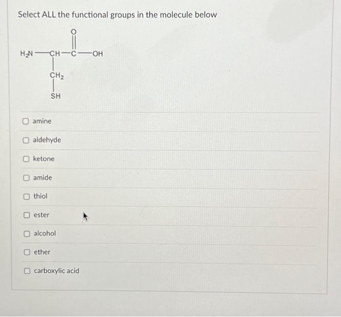 Solved Select ALL the functional groups in the molecule | Chegg.com