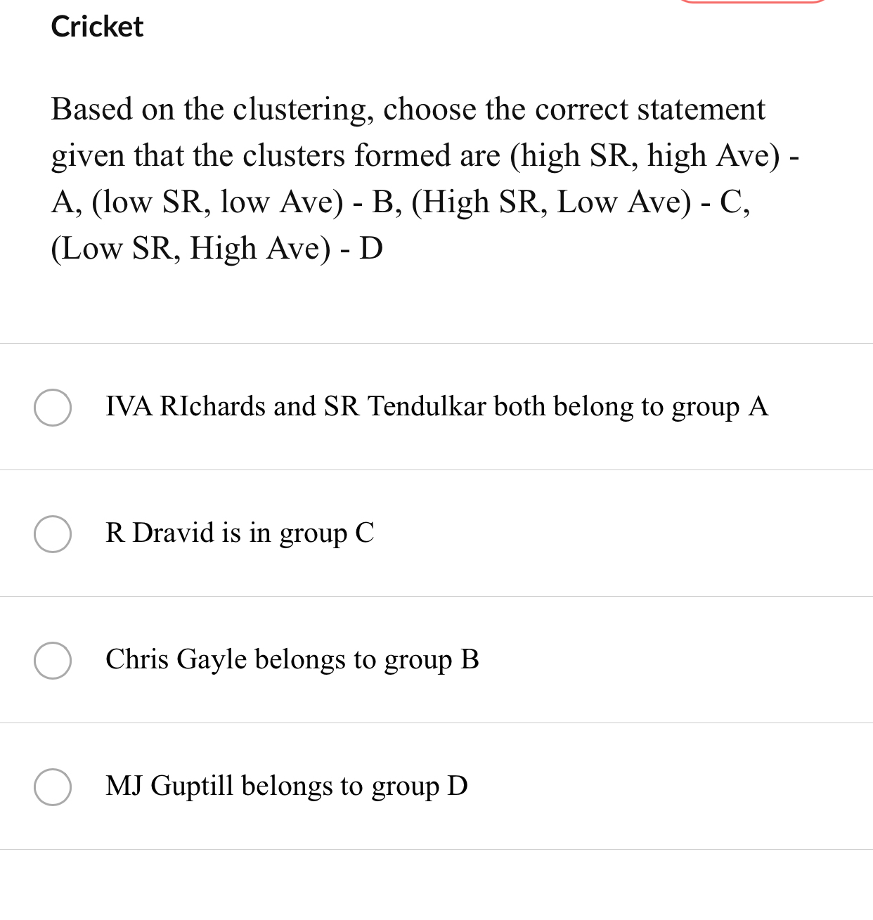 Solved CricketBased on the clustering, choose the correct | Chegg.com