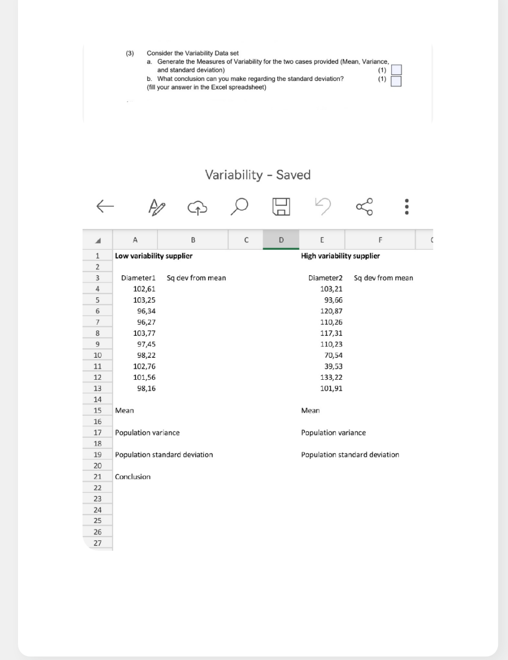 Solved (3) ﻿Consider the Variability Data seta. ﻿Generate | Chegg.com
