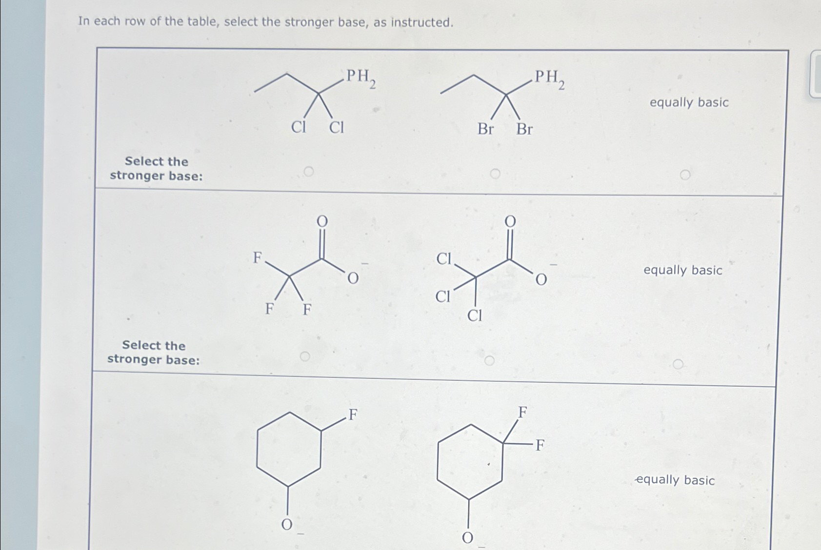 Solved In each row of the table, select the stronger base, | Chegg.com