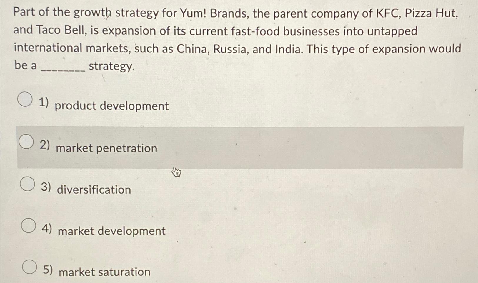 Solved Part of the growth strategy for Yum! Brands, the | Chegg.com