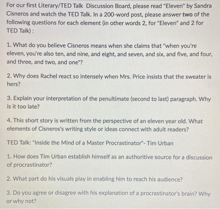 For our first Literary/TED Talk Discussion Board, | Chegg.com