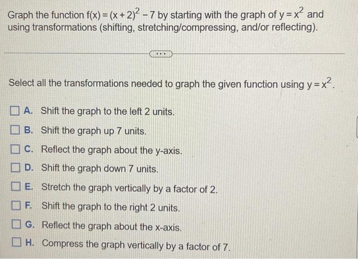 Solved Graph the function f(x)=(x+2)2−7 by starting with the | Chegg.com