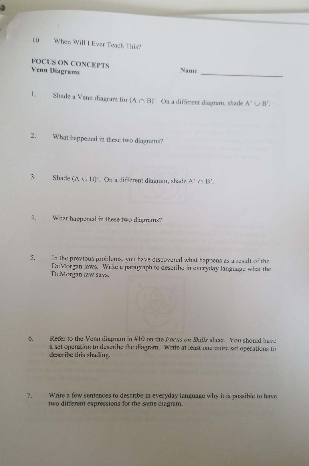 Solved 1. Shade a Venn diagram for (A∩B)′. On a different | Chegg.com