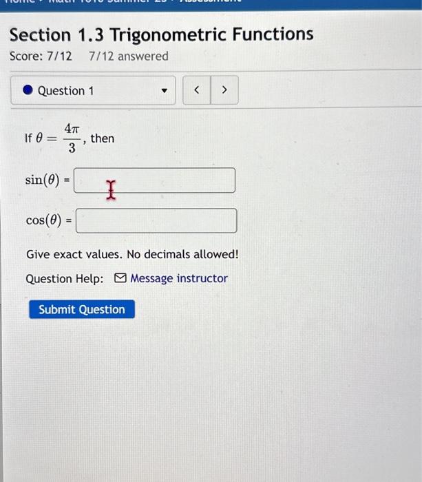 Solved Section 1 3 Trigonometric Functions Score 7 12 7 12