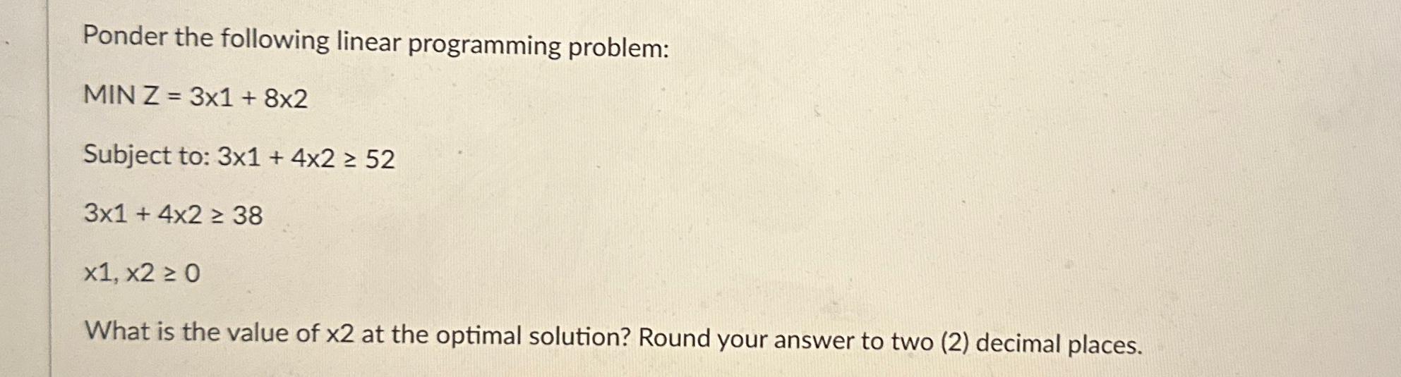 Solved Ponder the following linear programming problem:MIN Z | Chegg.com