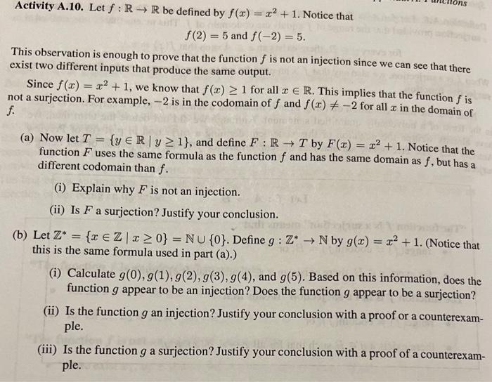 Solved Activity A.10. Let f:R→R be defined by f(x)=x2+1. | Chegg.com