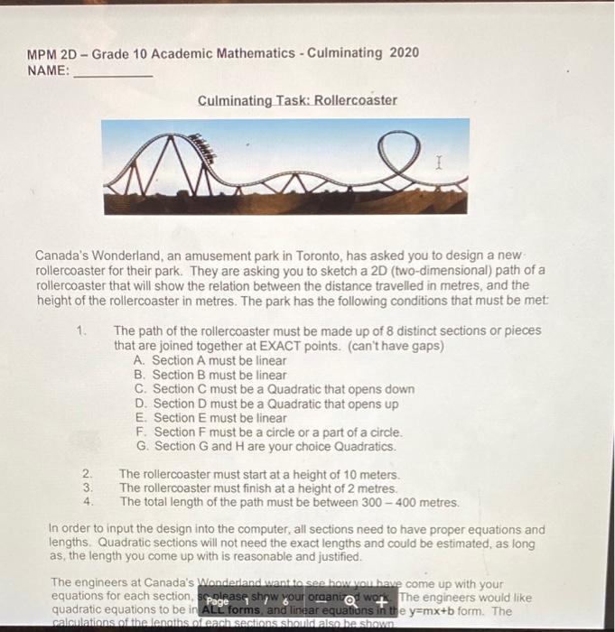 Solved MPM 2D - Grade 10 Academic Mathematics - Culminating | Chegg.com