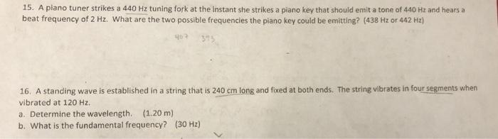 Solved 15. A piano tuner strikes a 440 Hz tuning fork at the | Chegg.com