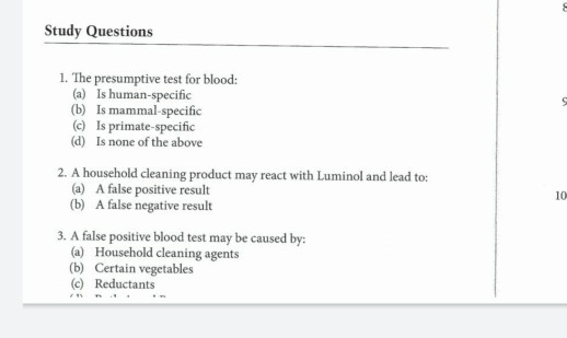 Solved Study Questions 1. The presumptive test for blood: | Chegg.com