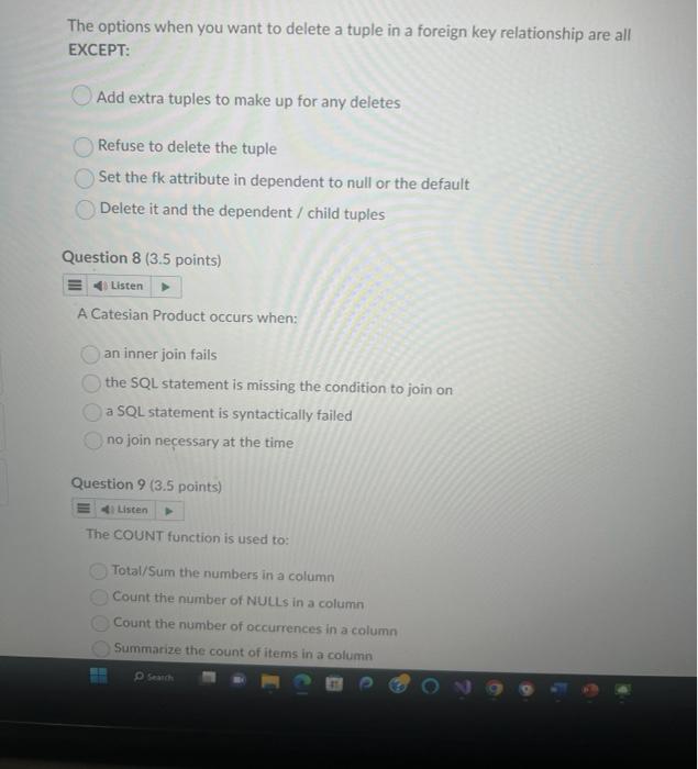 Solved The options when you want to delete a tuple in a | Chegg.com