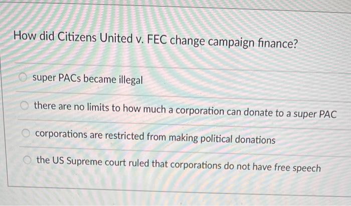 Solved How did Citizens United v. FEC change campaign | Chegg.com