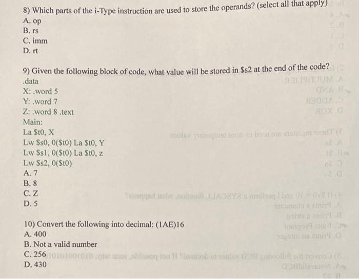 Solved 8) Which parts of the i-Type instruction are used to | Chegg.com