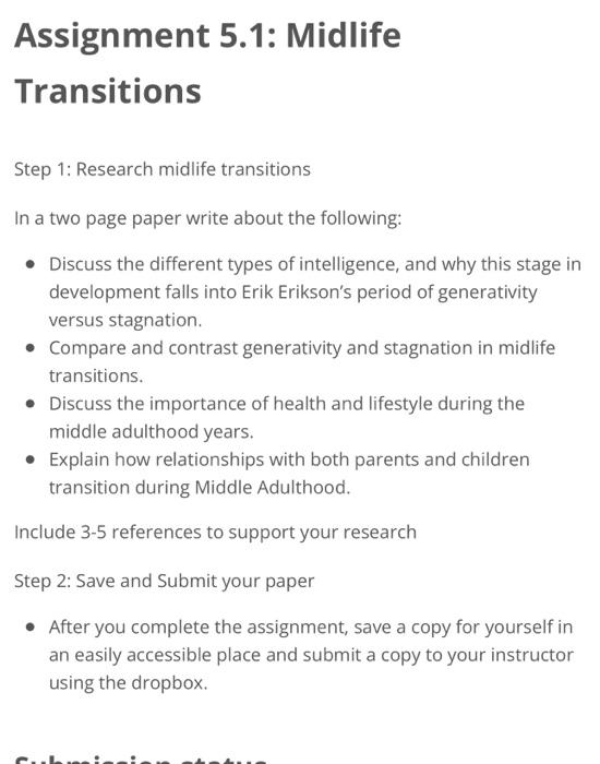 Solved Assignment 5.1: Midlife Transitions Step 1: Research | Chegg.com