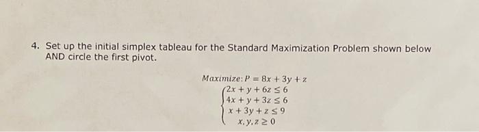 Solved 4. Set up the initial simplex tableau for the | Chegg.com