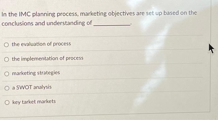 In the IMC planning process, marketing objectives are | Chegg.com