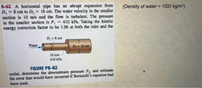 Solved 8-62 A horizontal pipe has an abrupt expansion from ( | Chegg.com