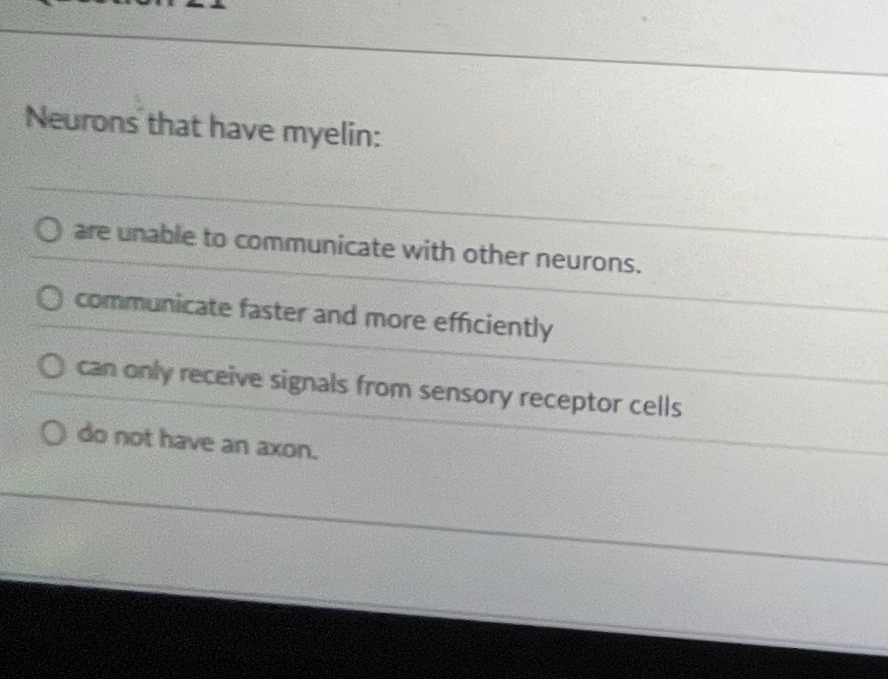 Solved Neurons that have myelin:are unable to communicate | Chegg.com