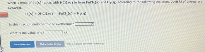 Solved When 1 mole of Fe(s) reacts with HCl(aq) to form | Chegg.com