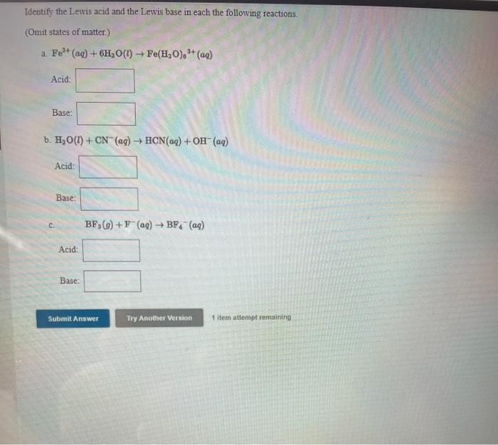 Solved Identify the Lewis acid and the Lewis base in each | Chegg.com