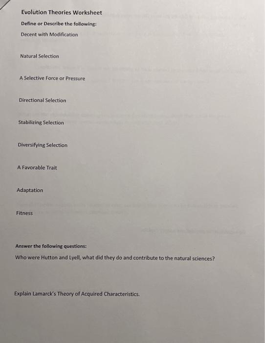 Solved Evolution Theories Worksheet Define or Describe the | Chegg.com