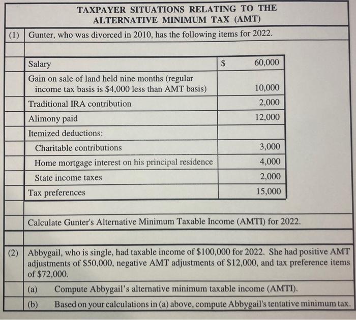 Solved TAXPAYER SITUATIONS RELATING TO THE ALTERNATIVE | Chegg.com