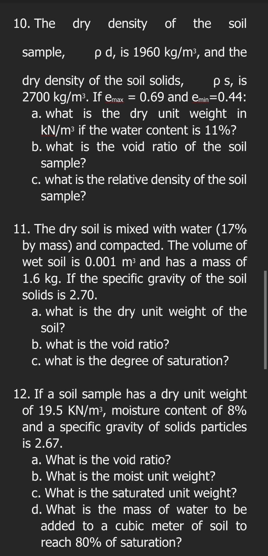Solved 10. The dry density of the soil sample, ρd, is 1960 | Chegg.com