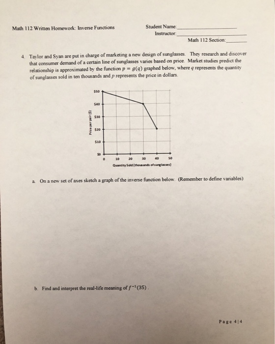 Solved Math 112 Written Homework Inverse Functions Student | Chegg.com