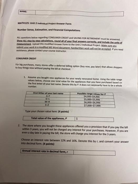 Solved NAME: MATH125: Unit 2 Individual Project Answer Form | Chegg.com