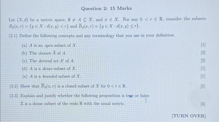 Solved Let (X,d) be a metric space, θ =A⊆X, and x∈X. For any | Chegg.com