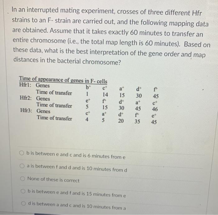 Solved In an interrupted mating experiment, crosses of three | Chegg.com
