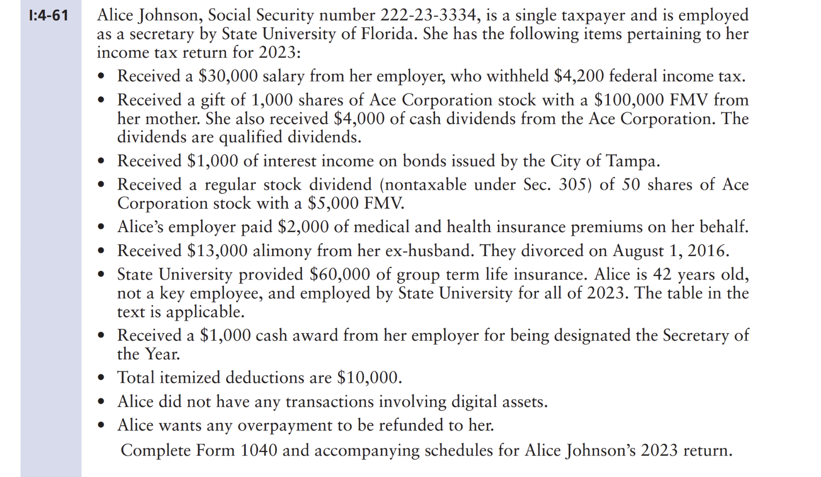 Solved I:4-61 ﻿Alice Johnson, Social Security number | Chegg.com