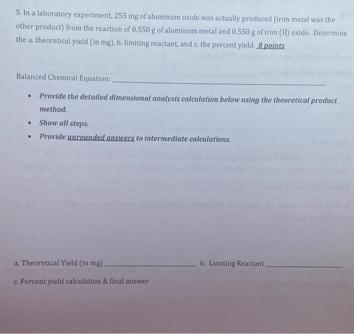 Solved 5. In a laboratory experiment, 255 mg of aluminum | Chegg.com