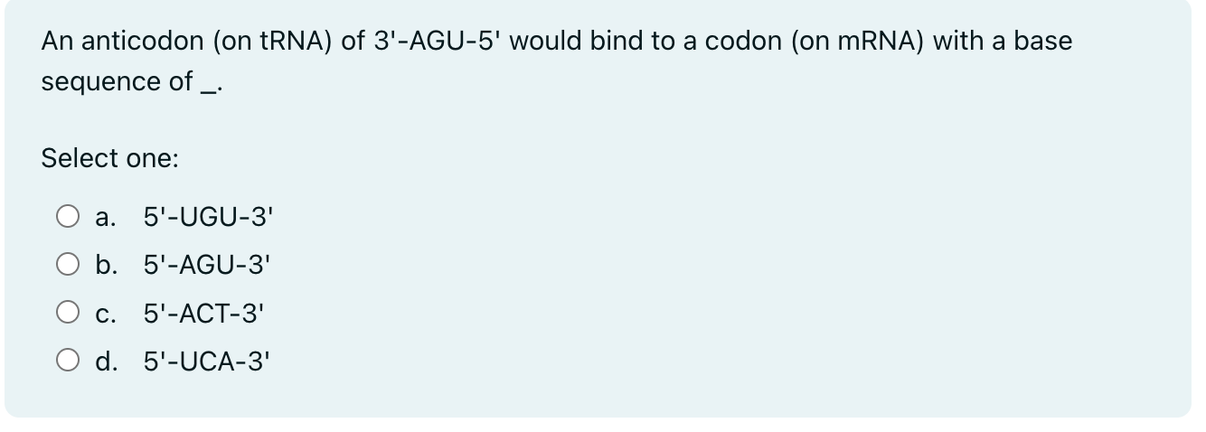 Solved An anticodon (on tRNA) ﻿of 3'-AGU-5' ﻿would bind to a | Chegg.com