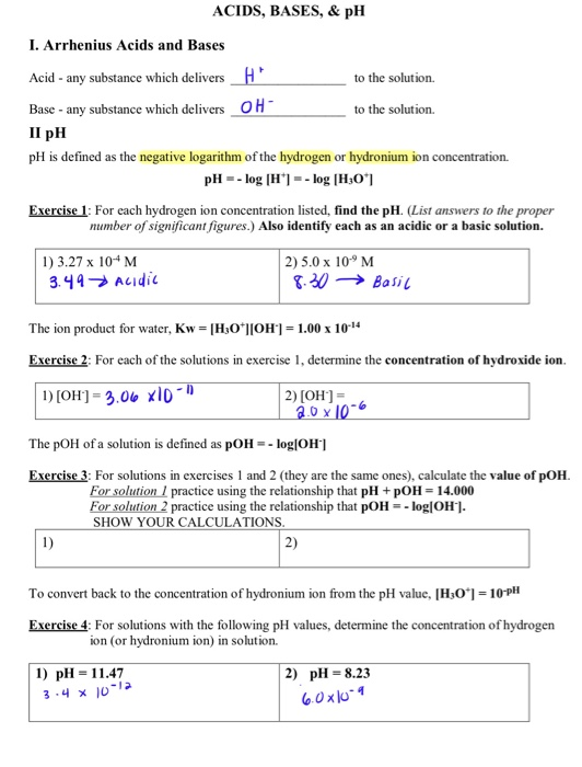 Solved ACIDS, BASES, & pH I. Arrhenius Acids and Bases Acid | Chegg.com