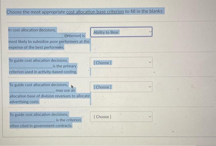 Choose the most appropriate cost allocation base | Chegg.com