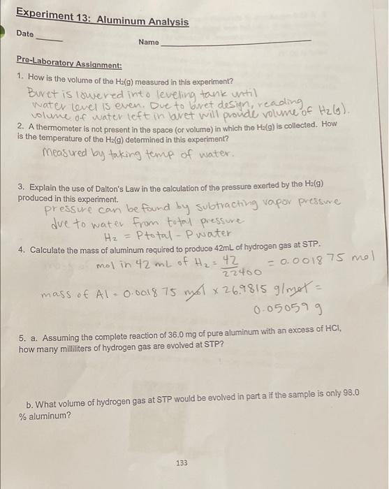 Solved Experiment 13: Aluminum Analysis Dato Namo | Chegg.com